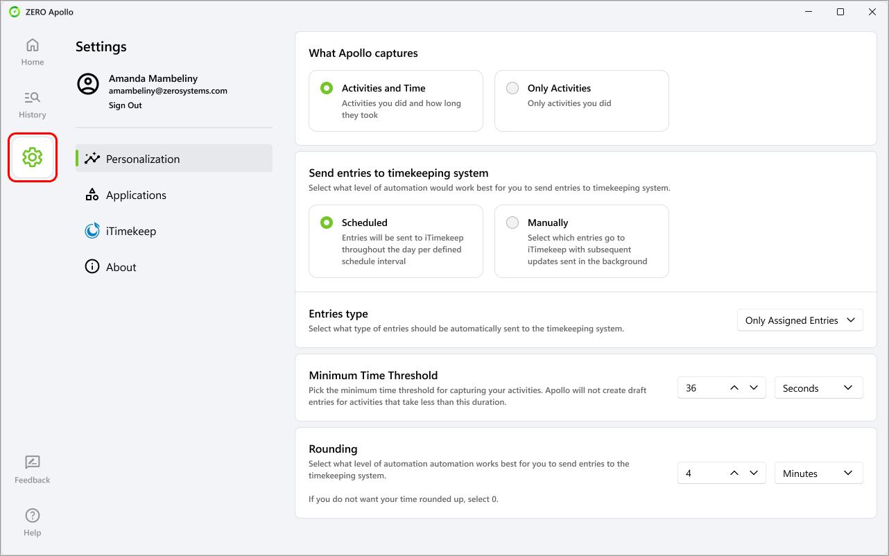 Settings Page – ZERO